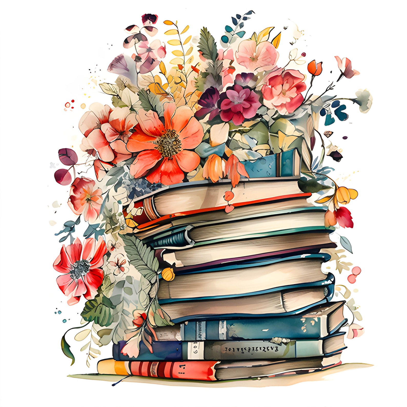 Watercolor Stack of Fantasy Books Clipart, Fantasy Books and Flowers ...