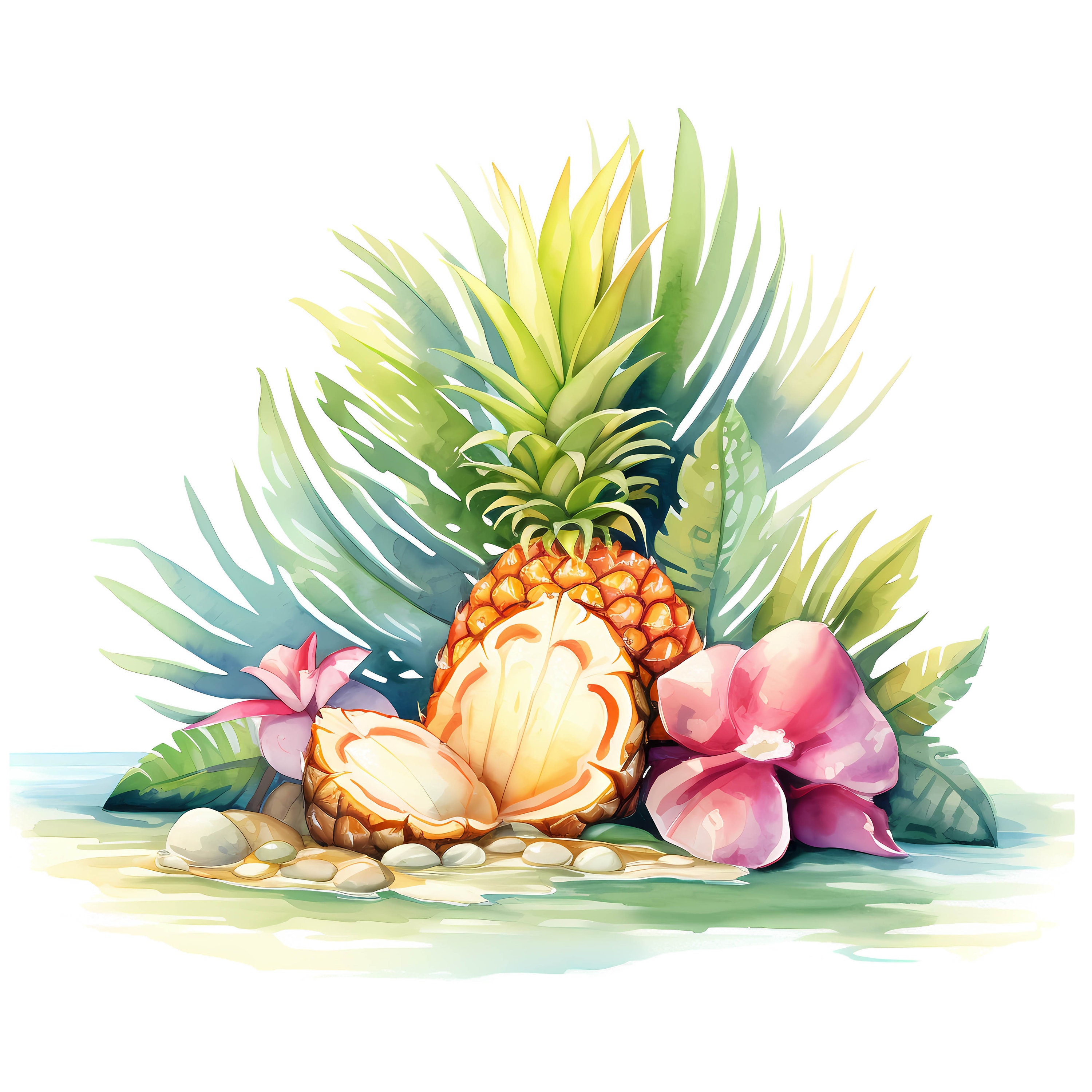 Hawaii Design Elements Watercolor Drawing Clipart Bundle, Tropical ...