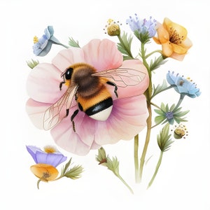 Watercolor Honey Bee Clipart, Spring Garden Bee Clipart, Wild Flowers ...
