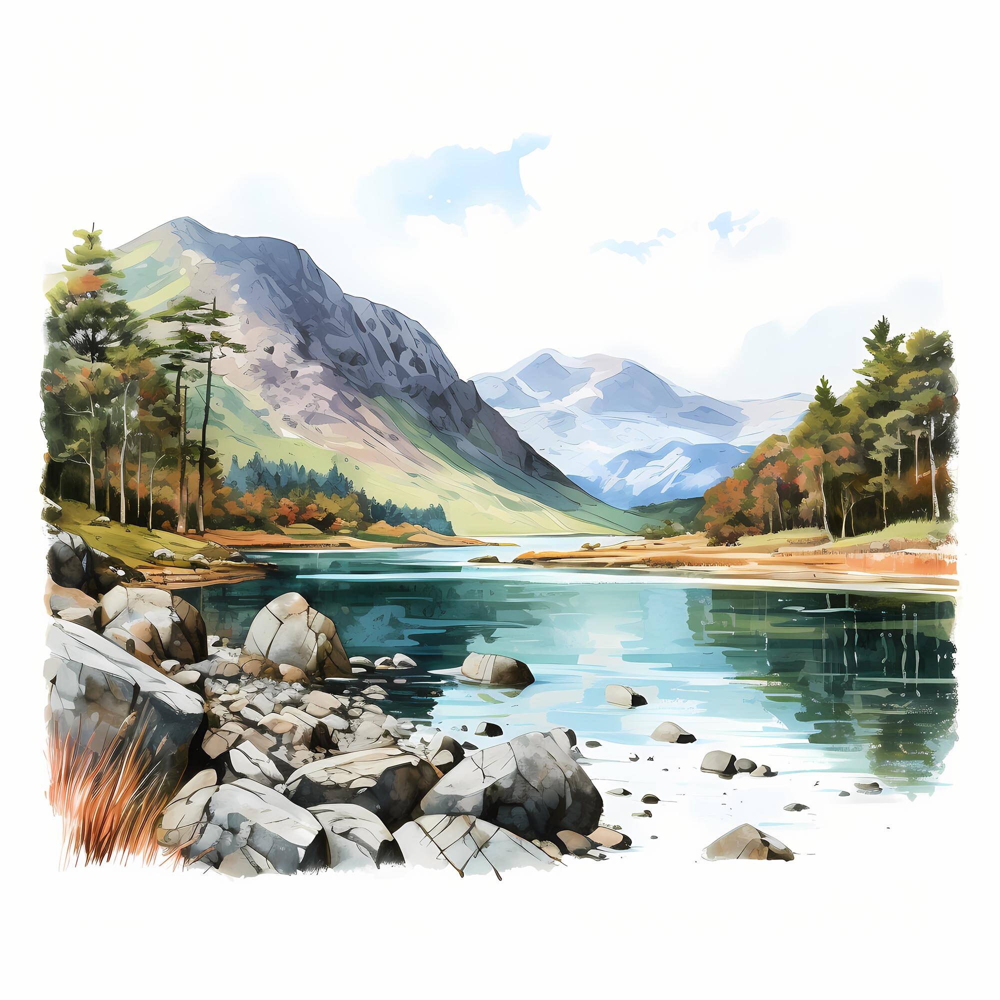 Lake District National Park Watercolor Sketch Art, Lake District ...