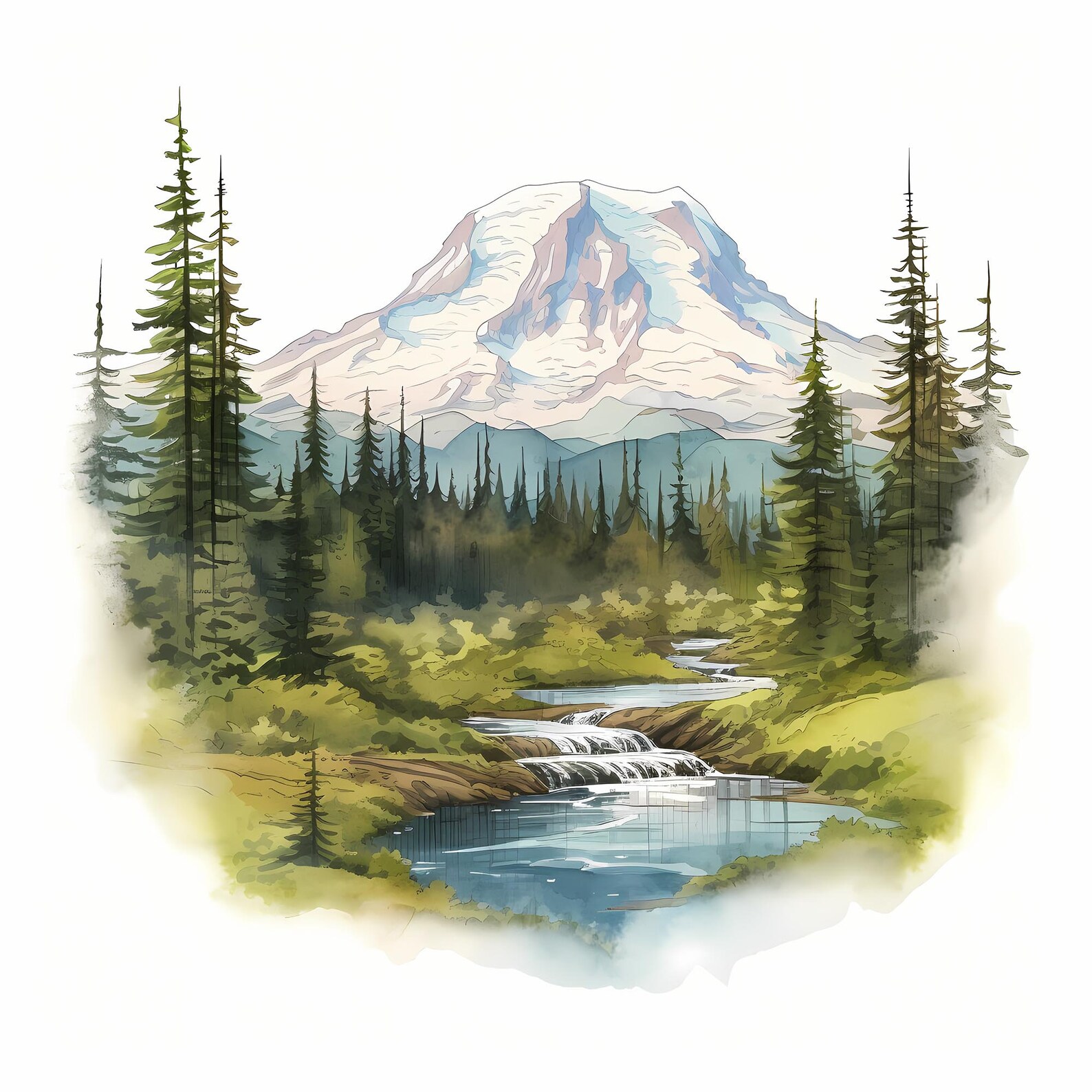 Mount Rainier National Park Watercolor Sketch Art, Mount Rainier ...