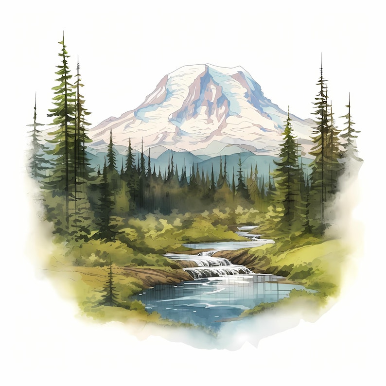 Mount Rainier National Park Watercolor Sketch Art, Mount Rainier ...