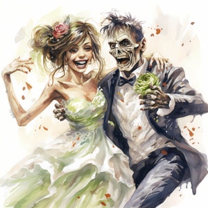 Halloween Zombie Sketch Groom and Bride Watercolor Clipart, Halloween ...