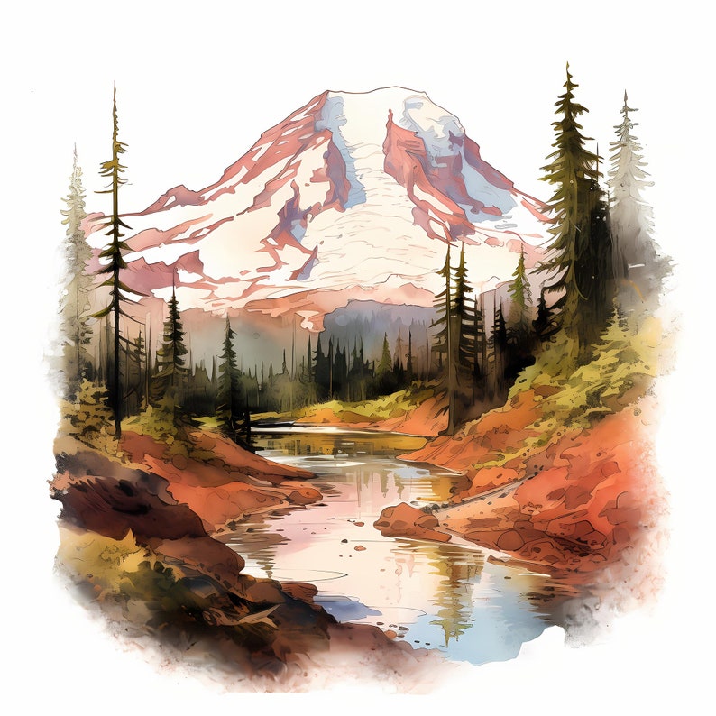 Mount Rainier National Park Watercolor Sketch Art Mount - Etsy
