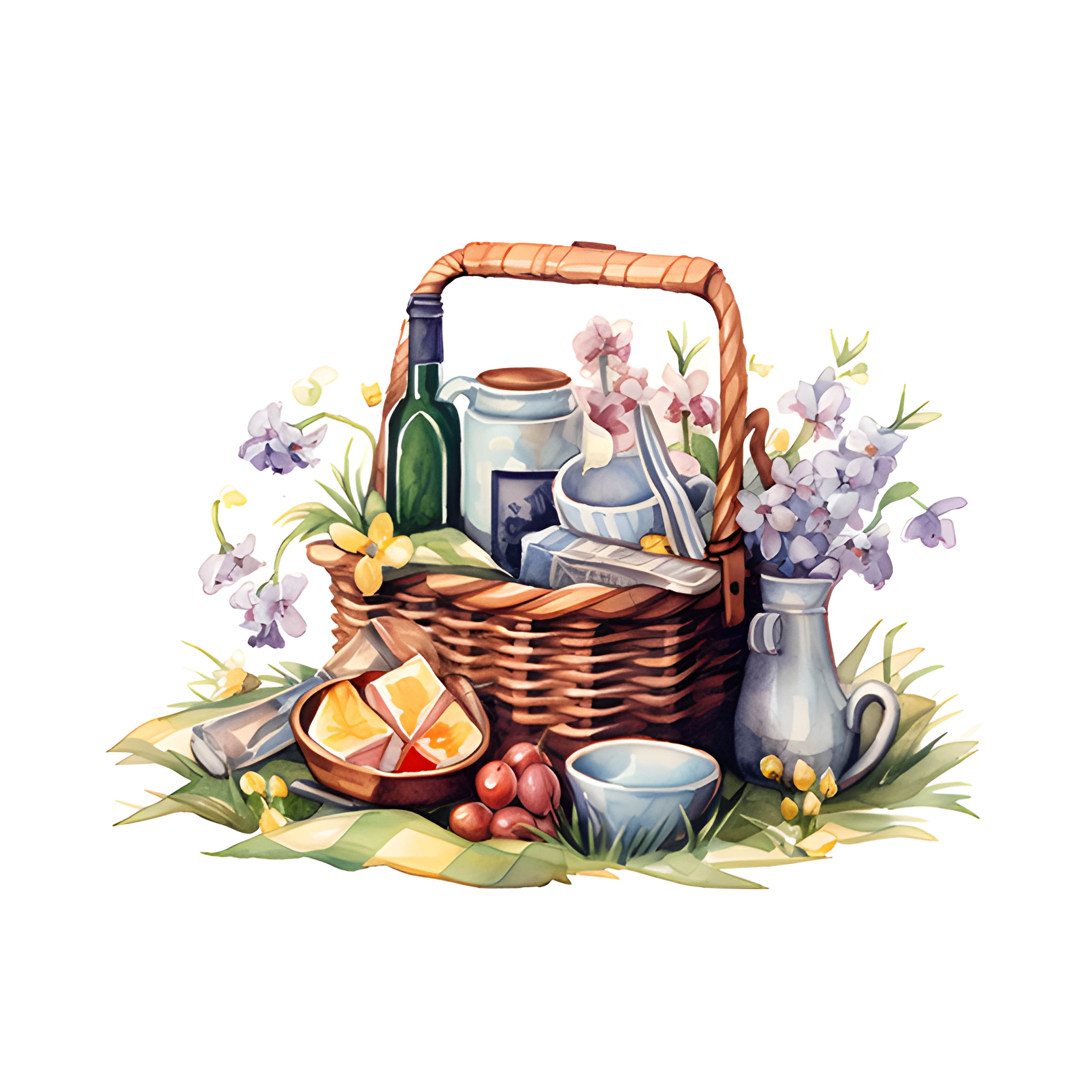 Watercolor Picnic Basket Clipart, Romantic Beach, Garden Picnic Clipart ...