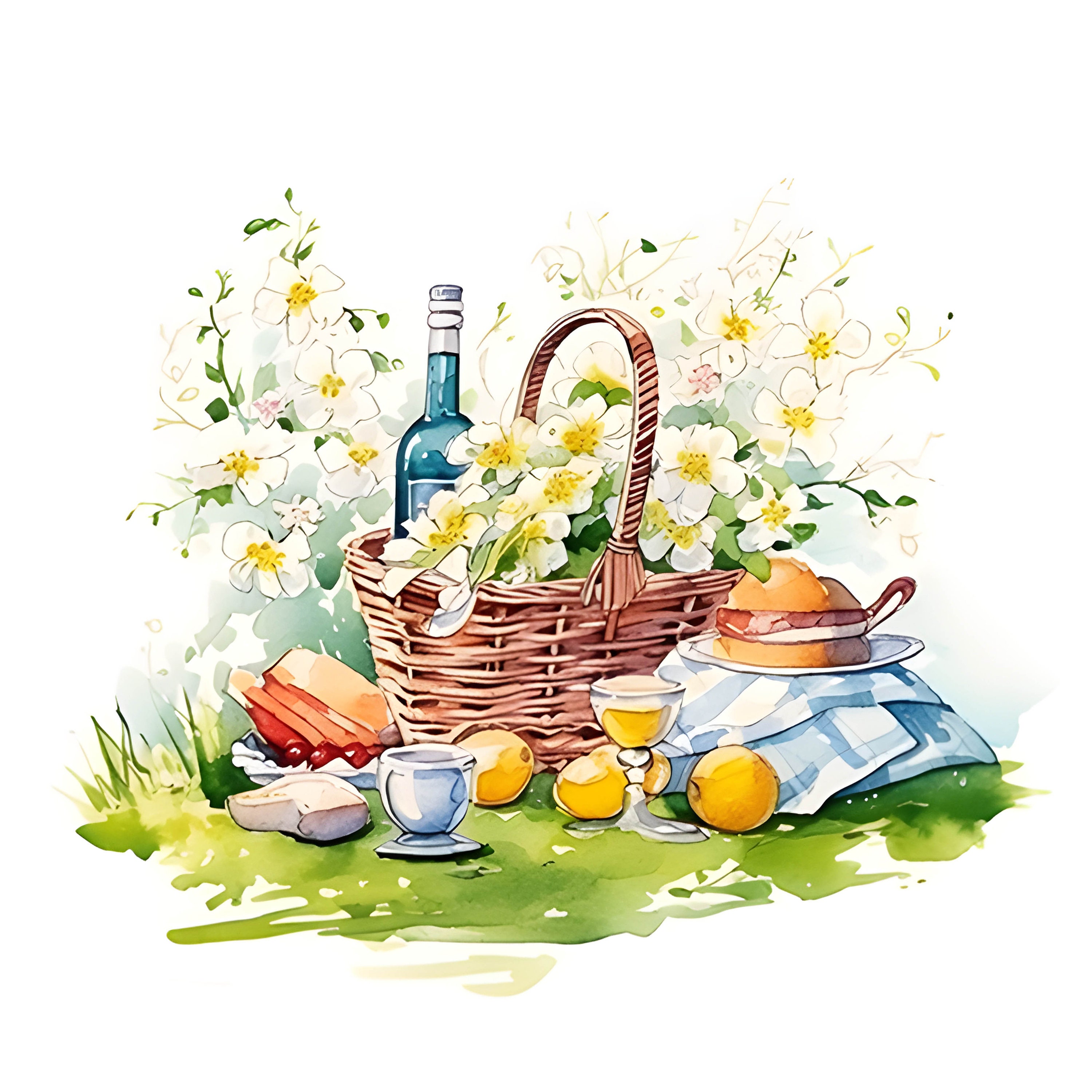 Watercolor Picnic Basket Clipart Romantic Beach Garden - Etsy