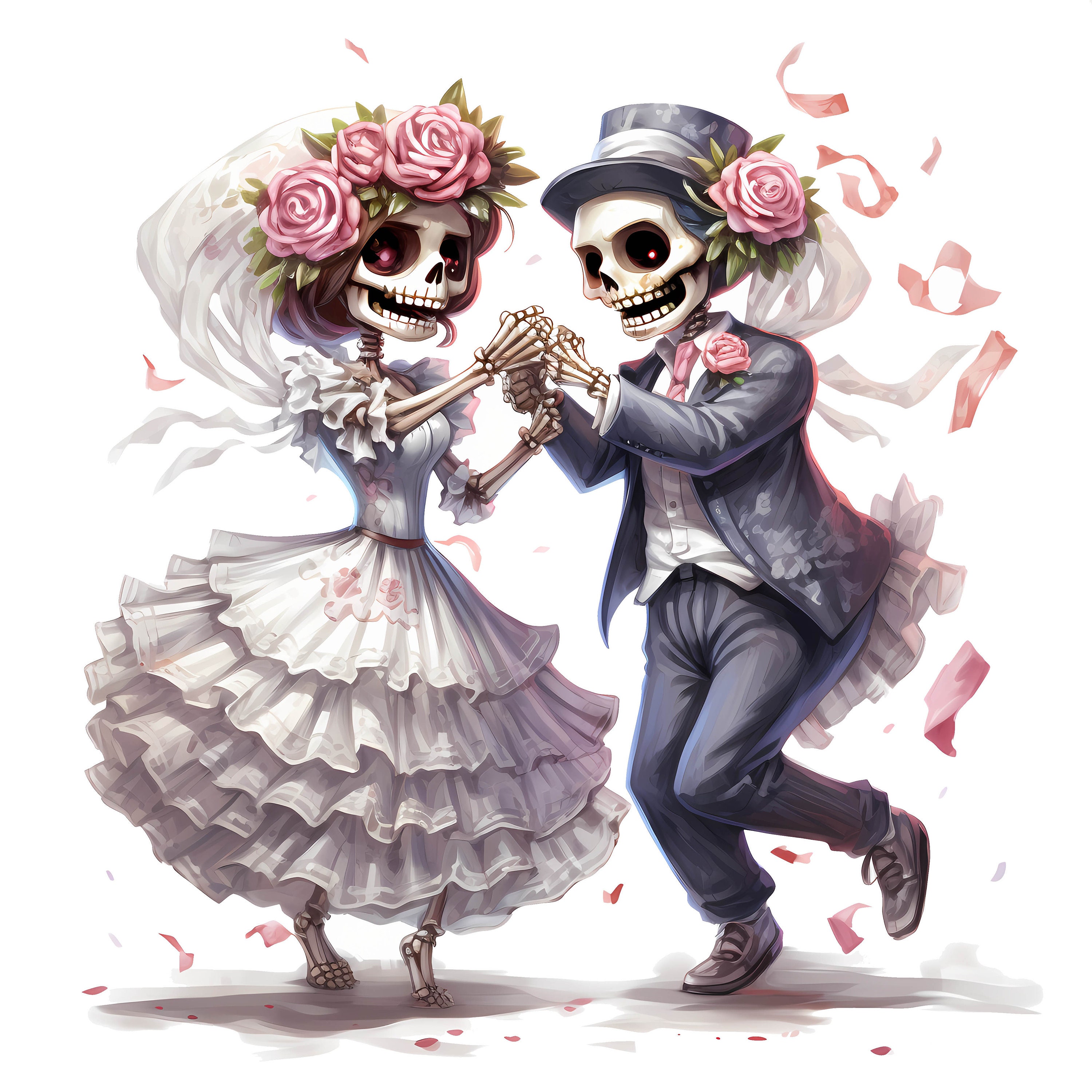 Halloween Spooky Romantic Skeleton Couple Dancing Salsa Watercolor ...