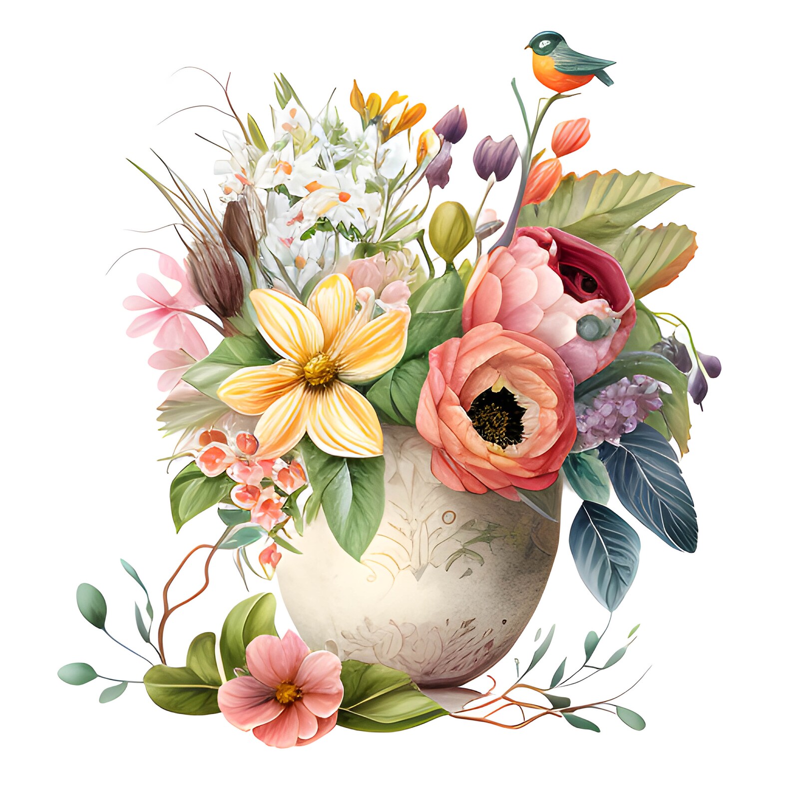 Spring Flowers Vase Watercolor Clipart, Watercolor Floral Clipart, Pink ...