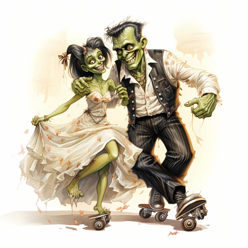 Halloween Zombie Sketch Groom and Bride Watercolor Clipart, Halloween ...
