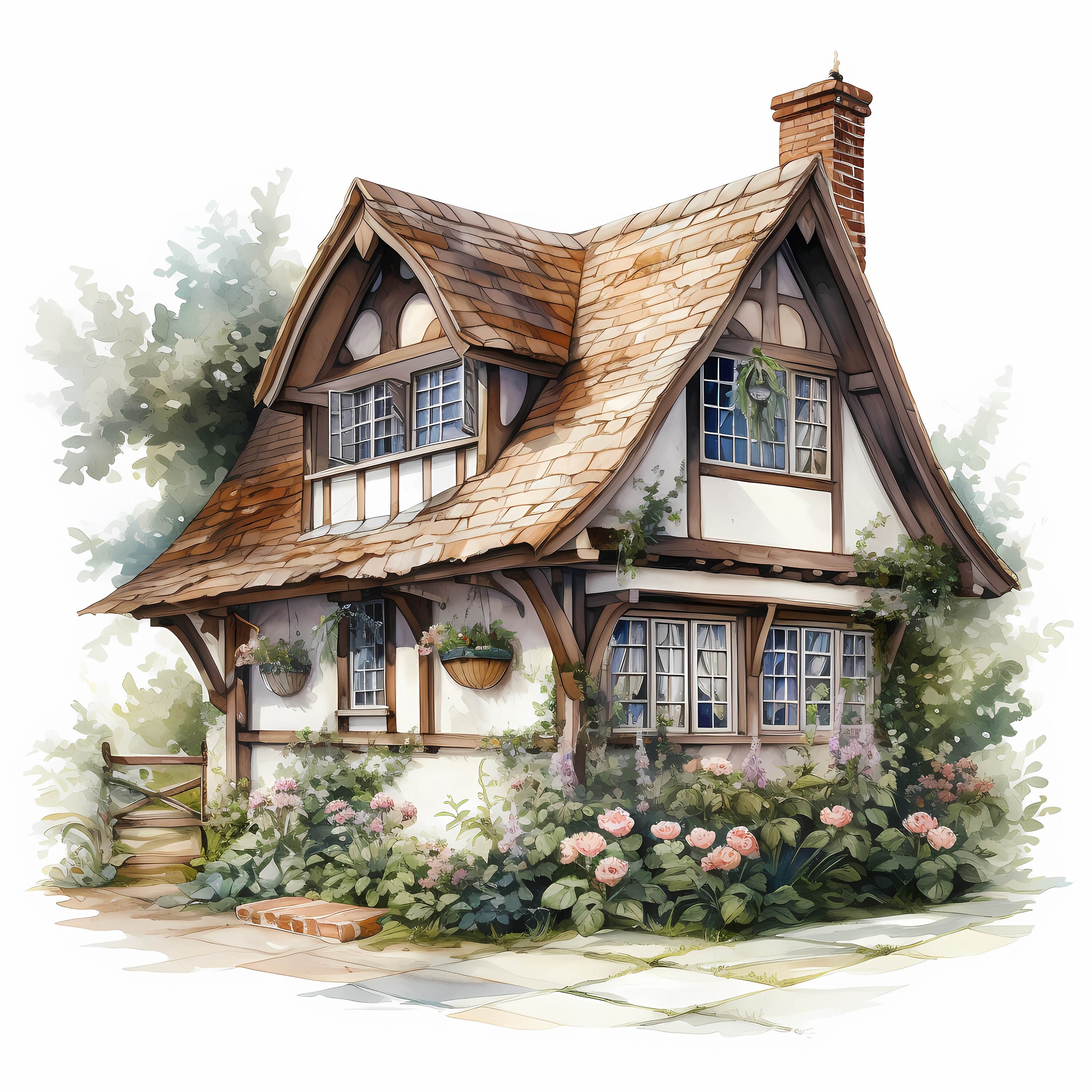 Vintage Cottage Watercolor Clipart, Cottagecore Watercolor Set, Vintage ...
