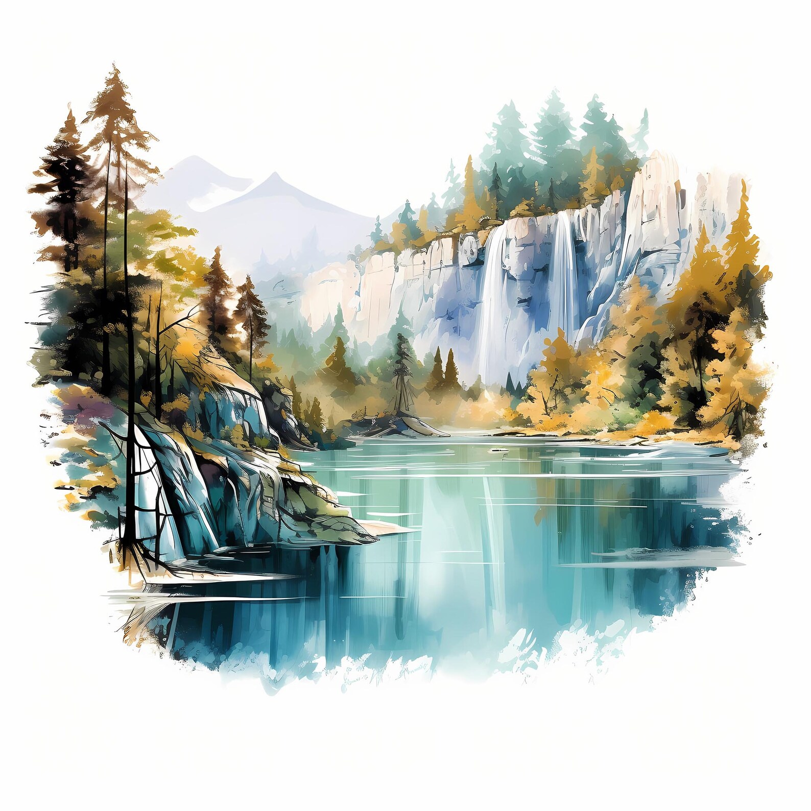 Plitvice Lakes National Park Watercolor Sketch, Plitvice Lakes National ...