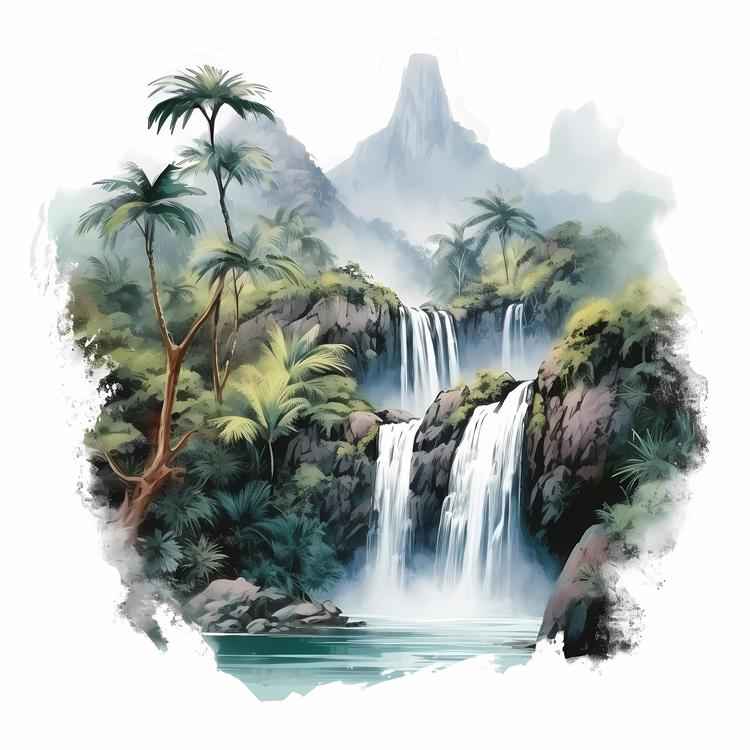 Misty Tropical Waterfall Watercolor Bundle Tropical Waterfall - Etsy