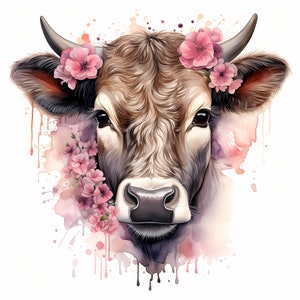Floral Cow Clipart, Cute Cow Flower Printable, Boho Floral Western Cow ...