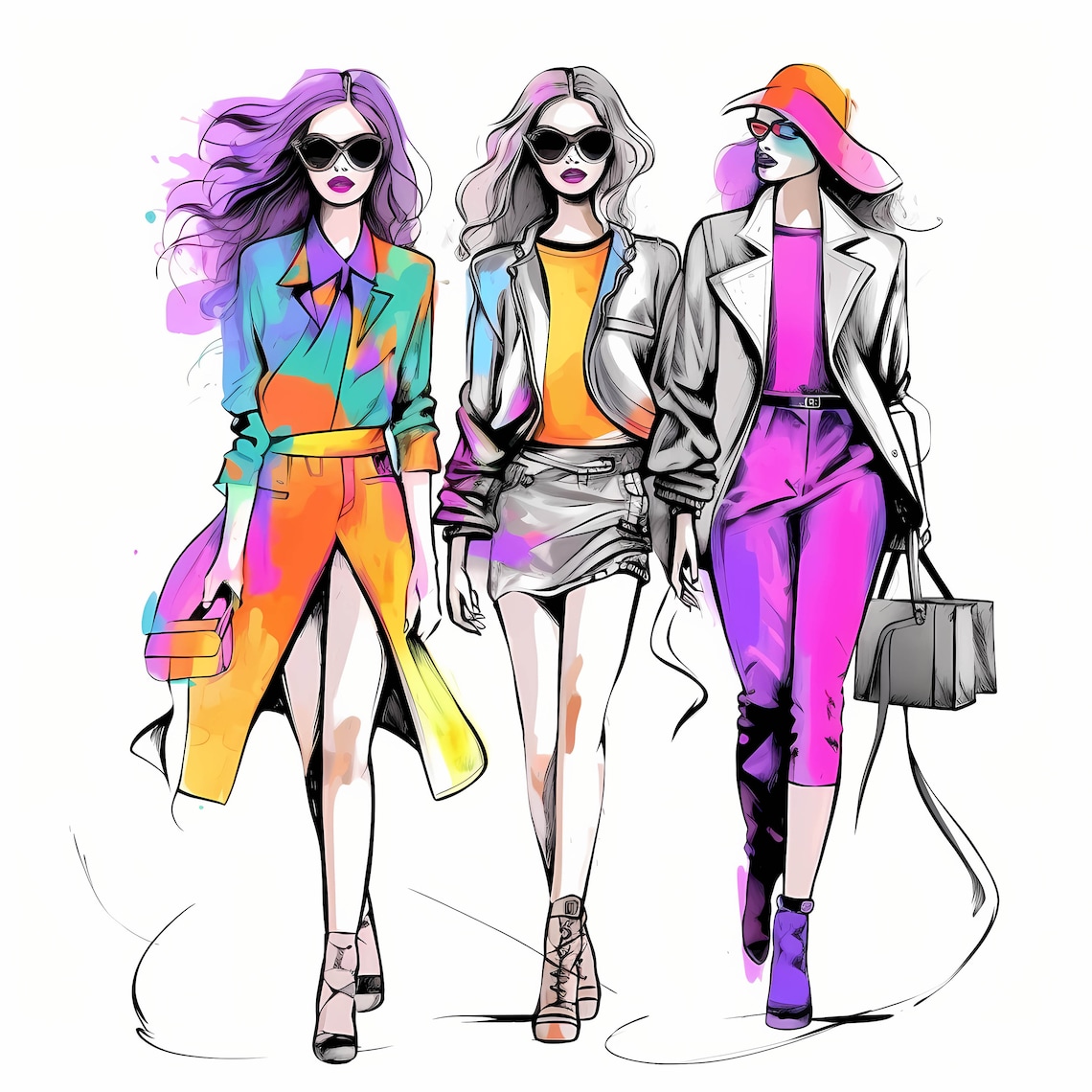 Watercolor Vibrant Fashion Girl Clipart Modern Street Fashion - Etsy