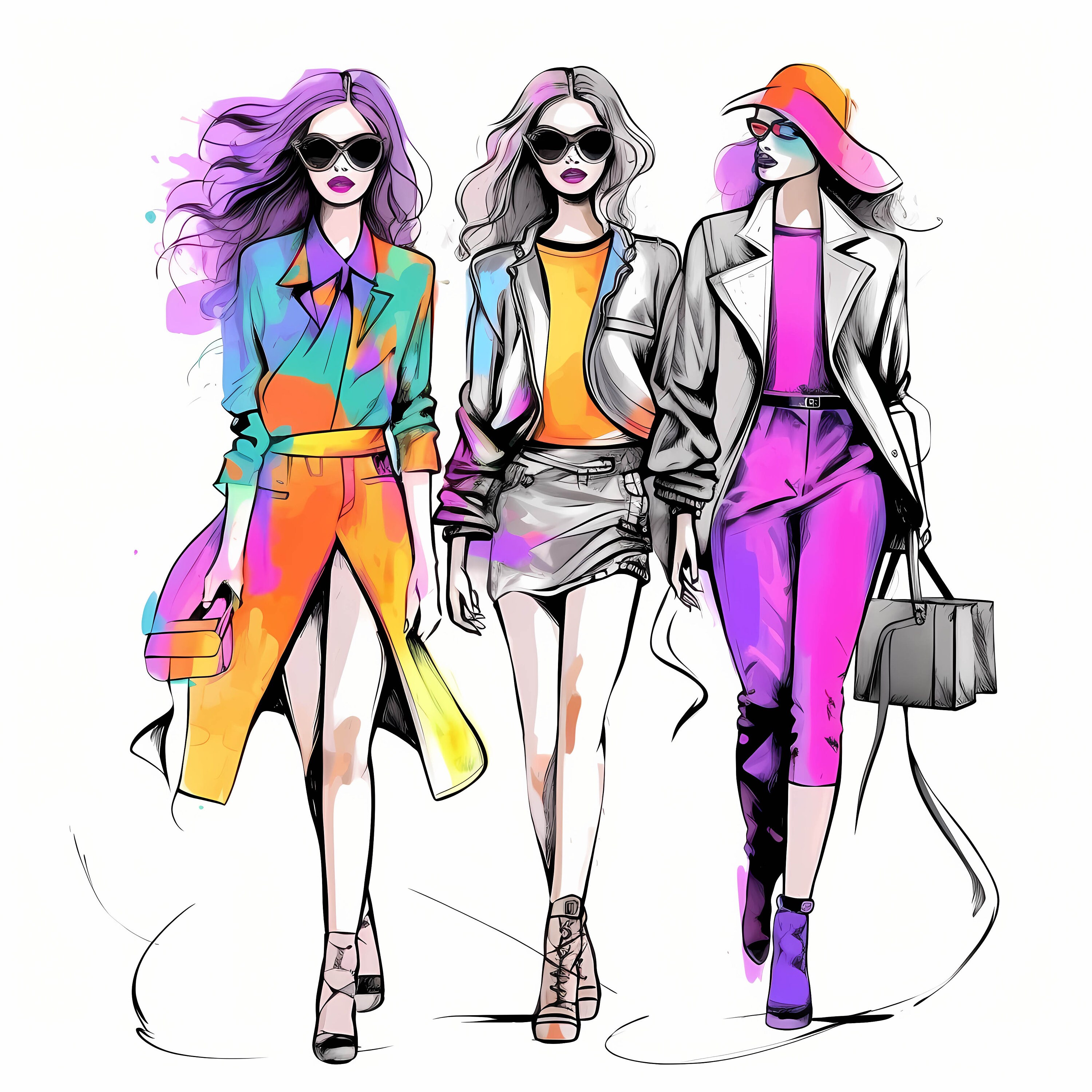 Watercolor Vibrant Fashion Girl Clipart Modern Street Fashion - Etsy