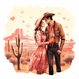 Retro Western Wedding Clipart, Bride and Groom, Romantic Cowboy Cowgirl ...