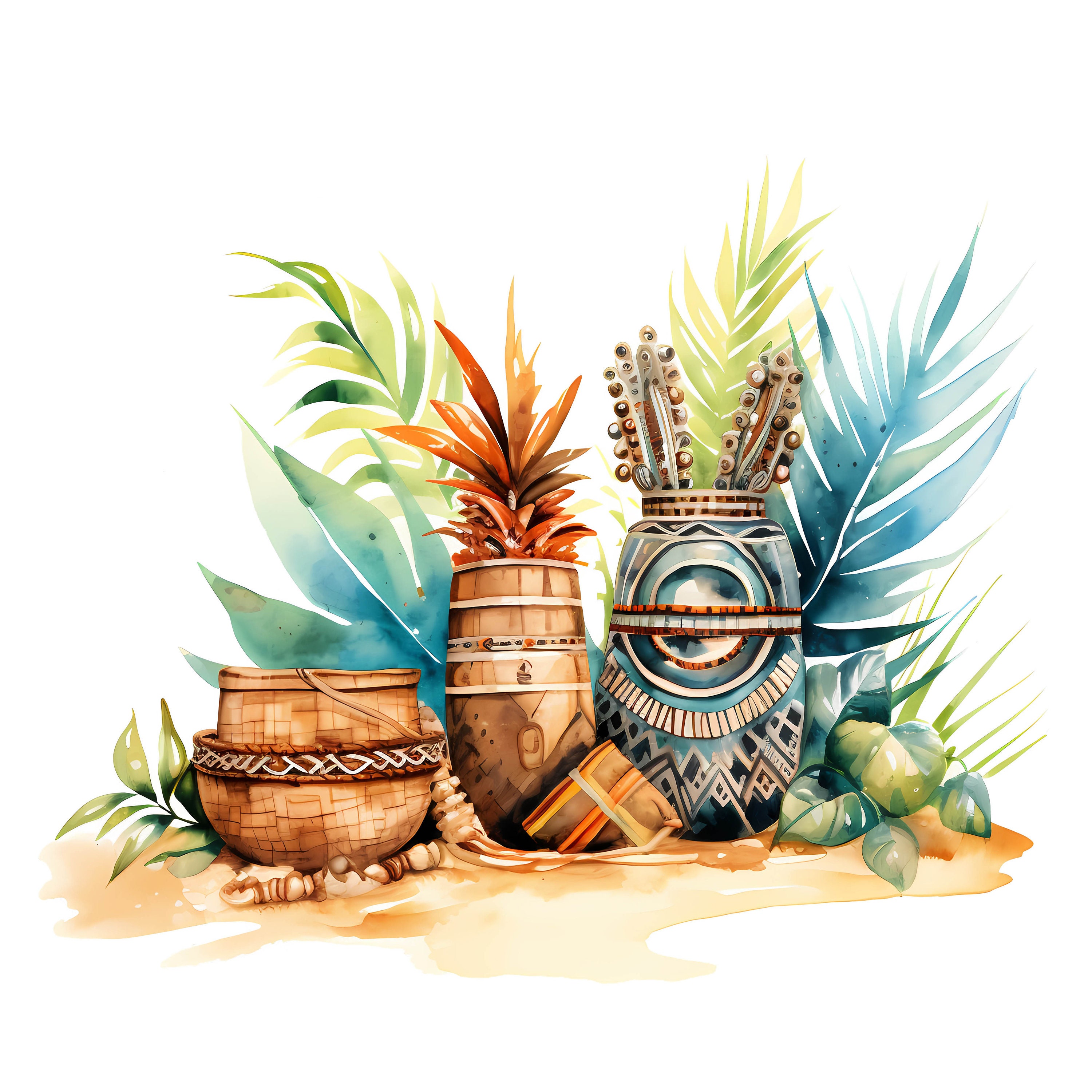 Hawaii Design Elements Watercolor Drawing Clipart Bundle, Tropical ...