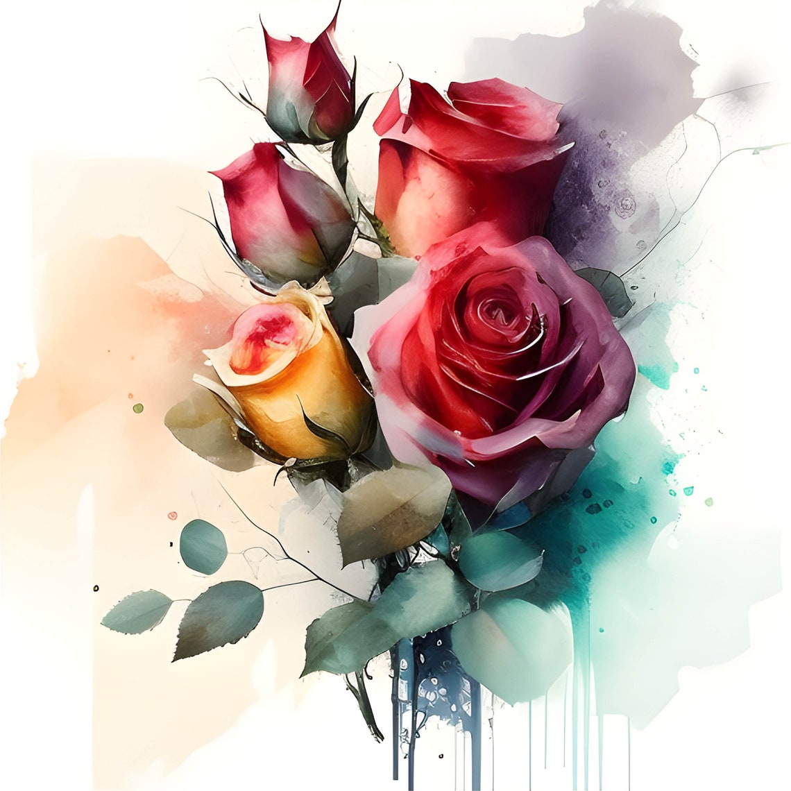 Red Rose Watercolor Clipart Watercolor Floral Clipart Red - Etsy