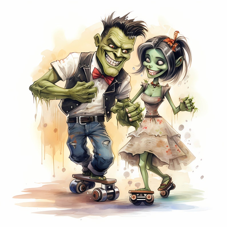 Halloween Zombie Sketch Groom and Bride Watercolor Clipart, Halloween ...