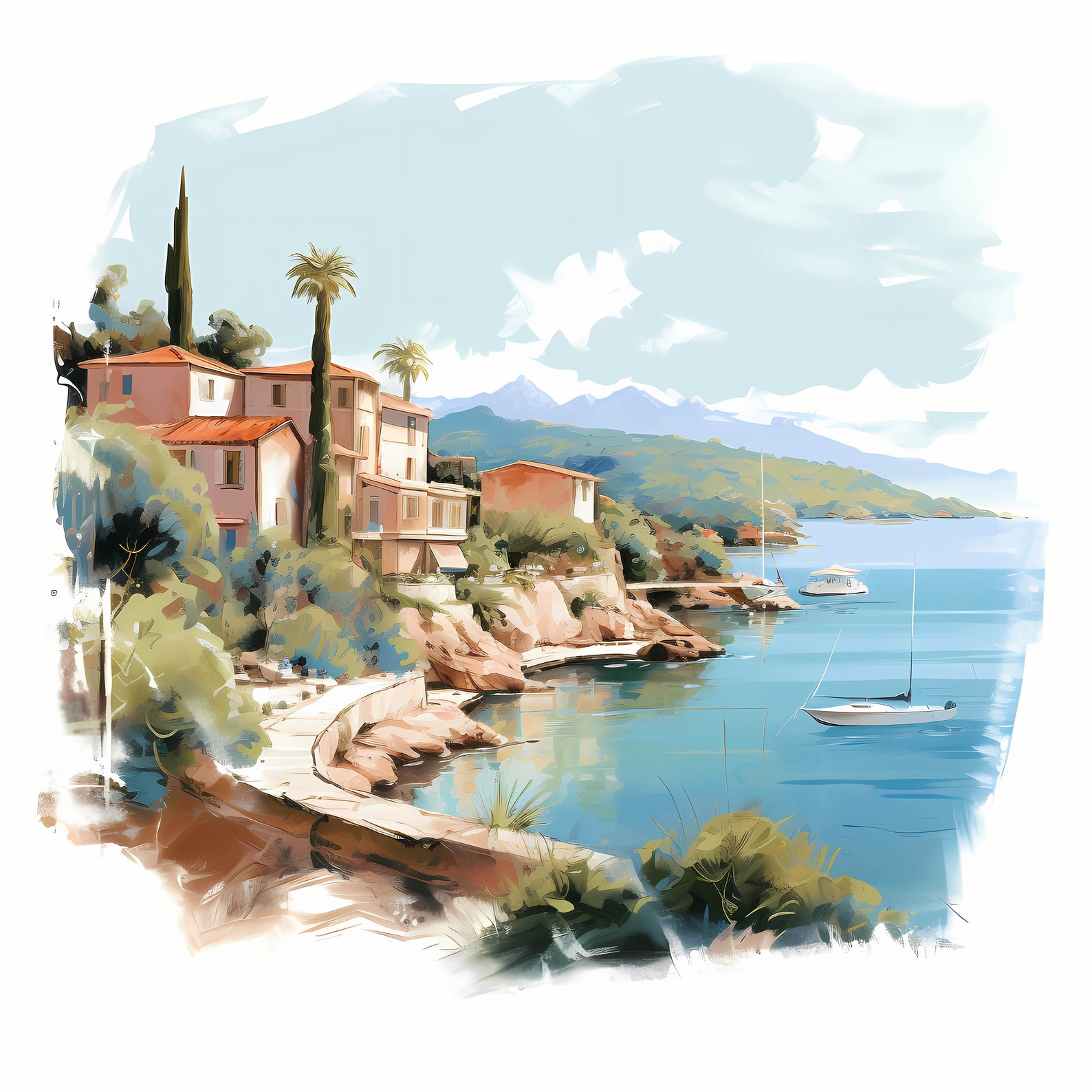 Beautiful Mediterranean Landscape Watercolor Clipart Bundle, French ...