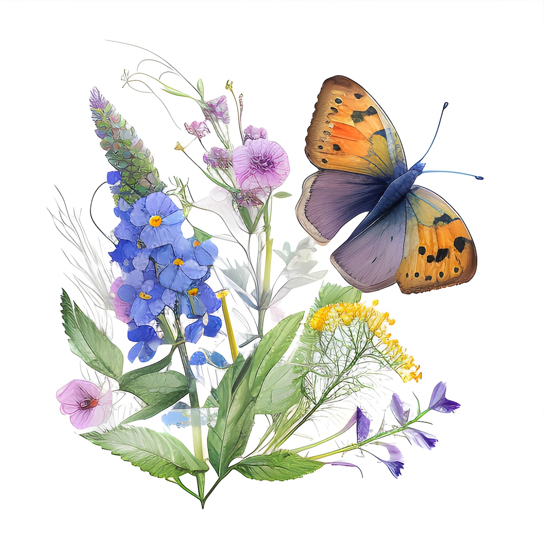 Watercolor Butterflies Clipart, Wild Flowers & Butterflies Floral ...