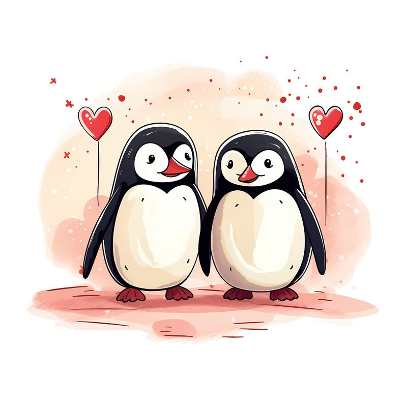 Cute Penguin Couple Watercolor PNG Clipart, Happy Penguin Couple ...