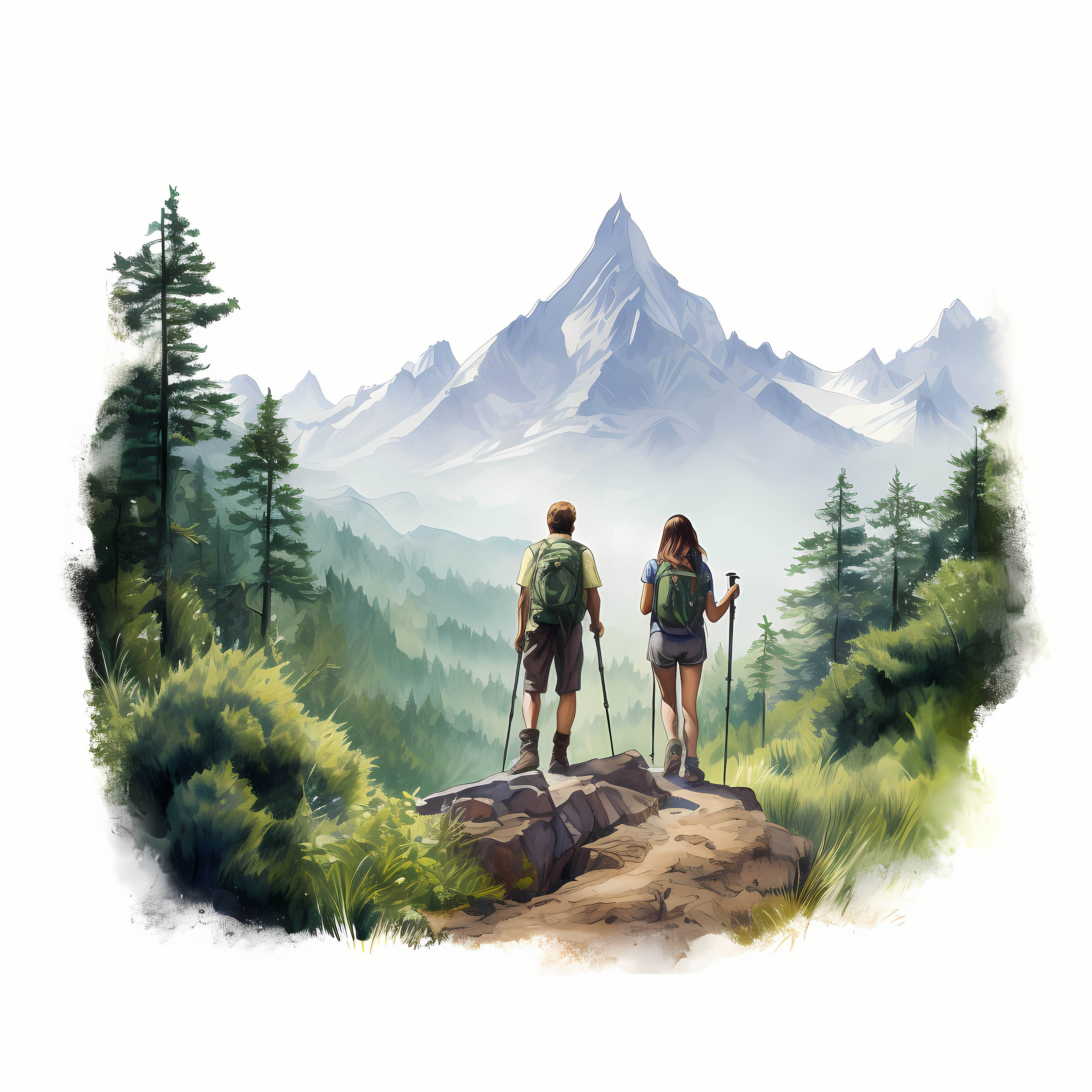 Mountain Hiking Drawing Clipart Bundle, Friends Hiking Clipart Set ...