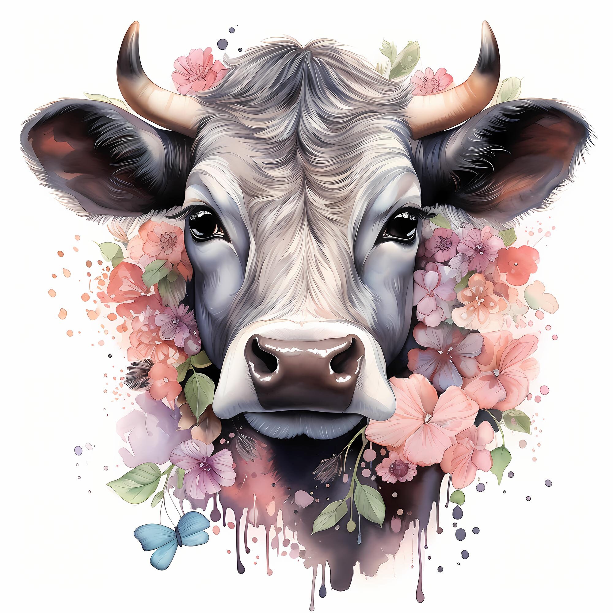 Floral Cow Clipart, Cute Cow Flower Printable, Boho Floral Western Cow ...