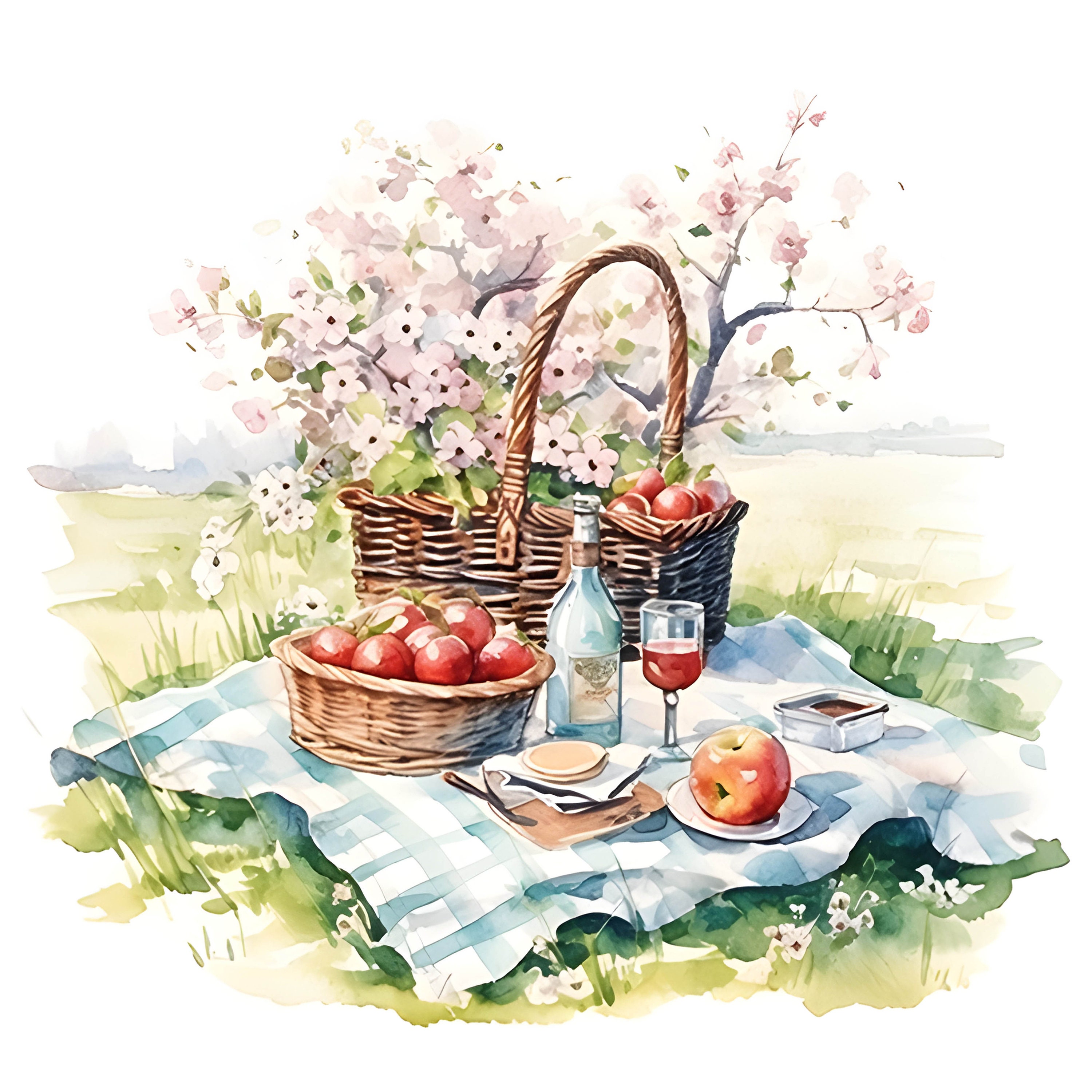 Watercolor Picnic Basket Clipart Romantic Beach Garden - Etsy