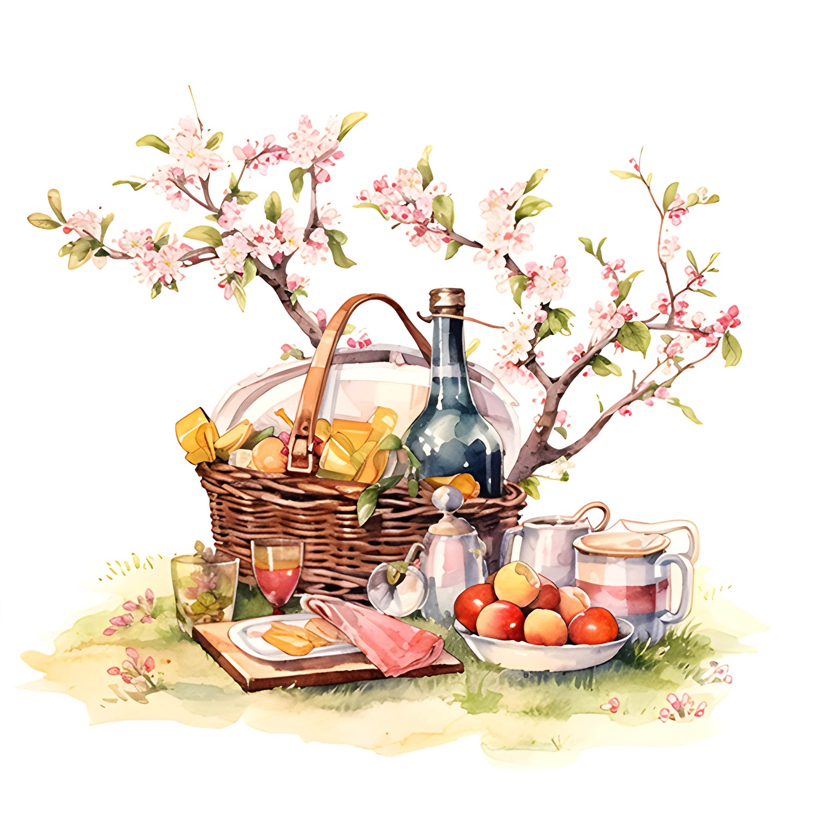 Watercolor Picnic Basket Clipart, Romantic Beach, Garden Picnic Clipart ...