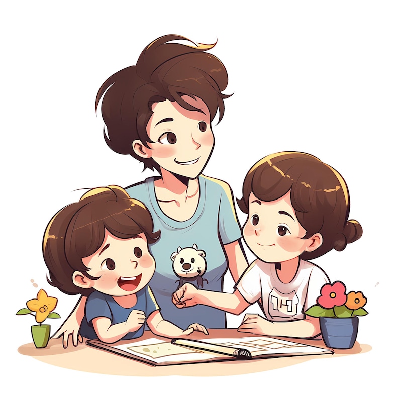 Mom Teaching Her Kids Clipart Bundle, Cute Chibi Mom and Kids Studying ...