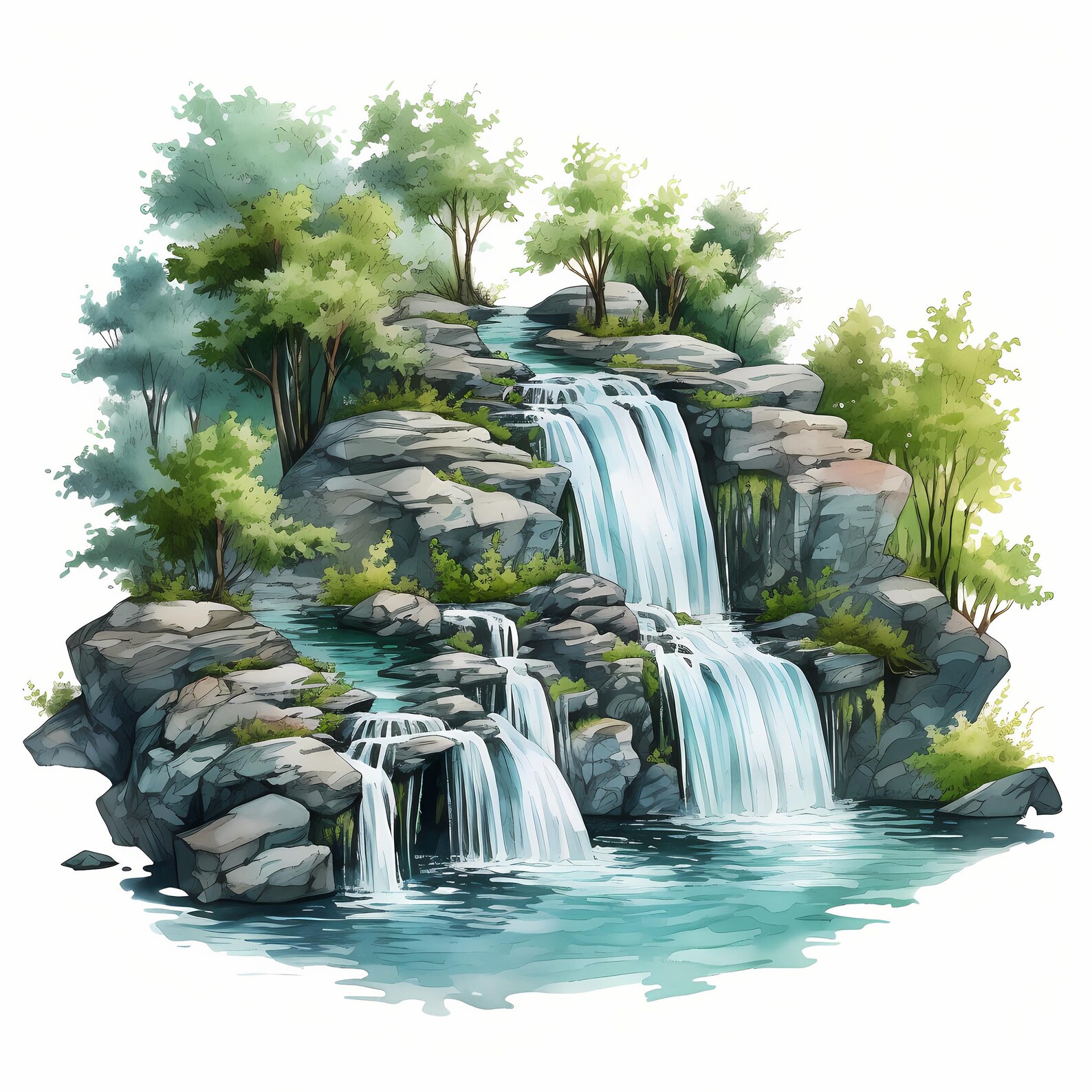 Misty Tropical Waterfall Watercolor Bundle, Tropical Waterfall ...