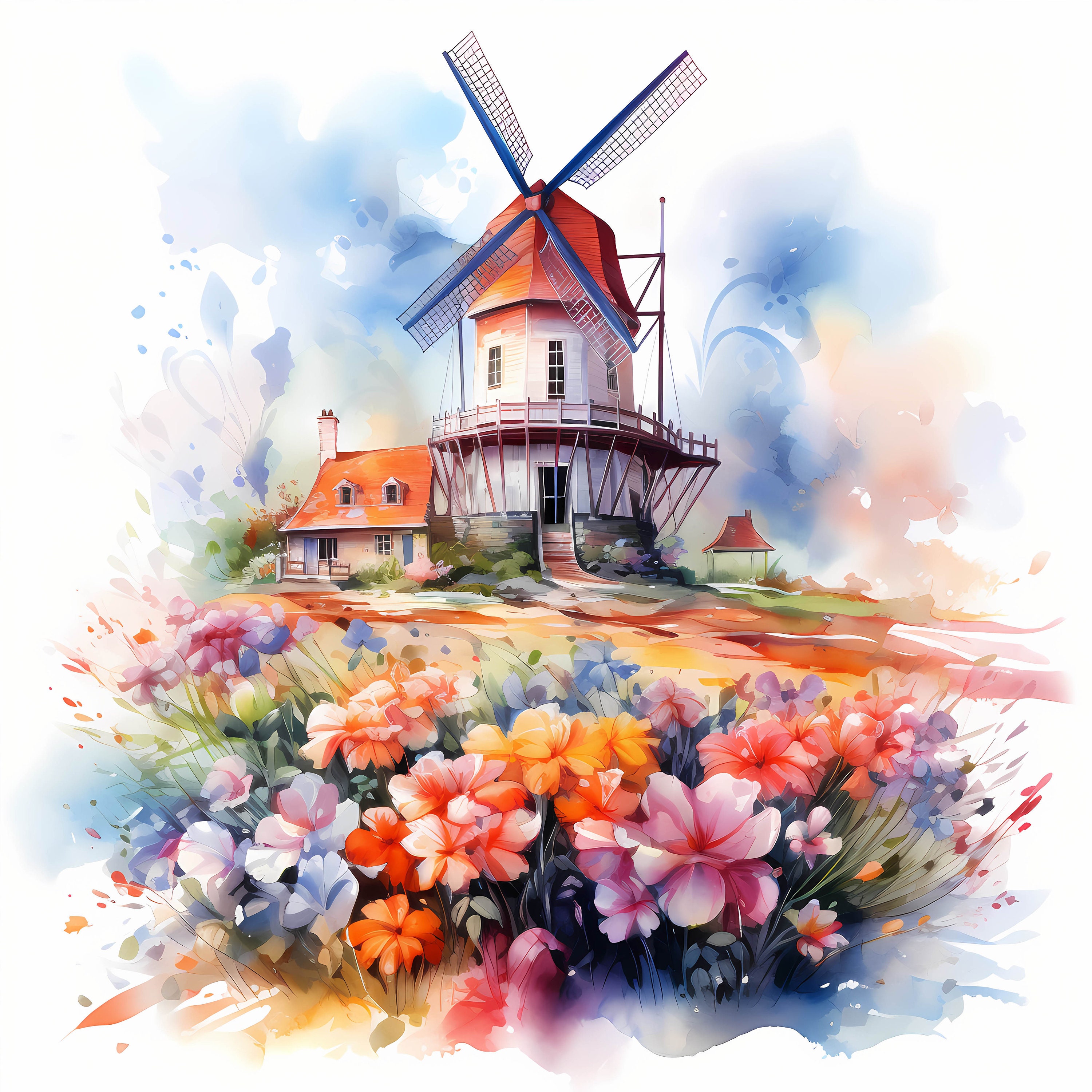 Farmhouse Cottage Watercolor Clipart Bundle, Beautiful Windmill on a ...