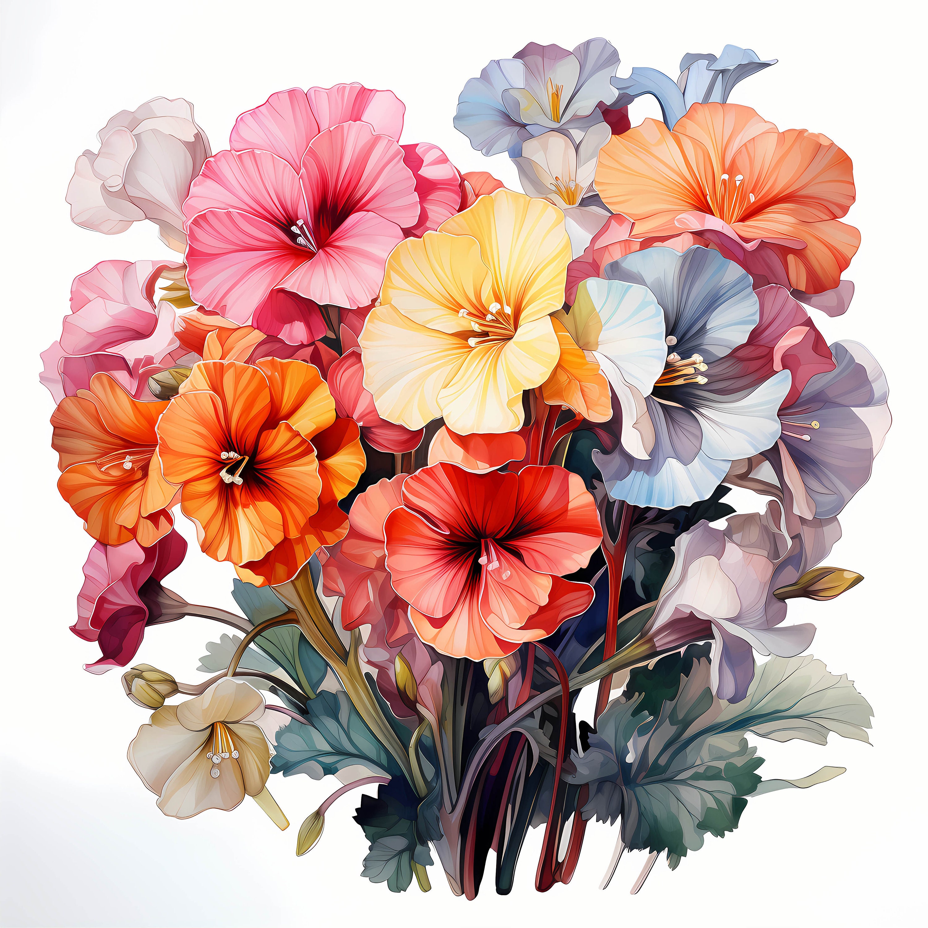 Primrose Flowers Bouquet Watercolor Clipart Bundle, Watercolor Floral ...