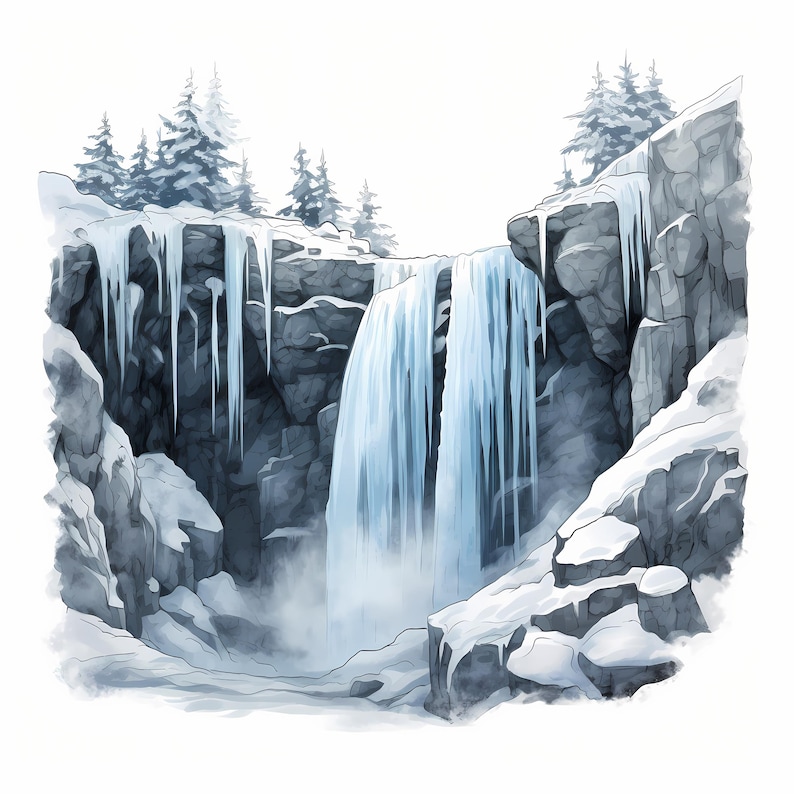 Beautiful Frozen Waterfall Watercolor Clipart Bundle, Frozen Waterfall ...