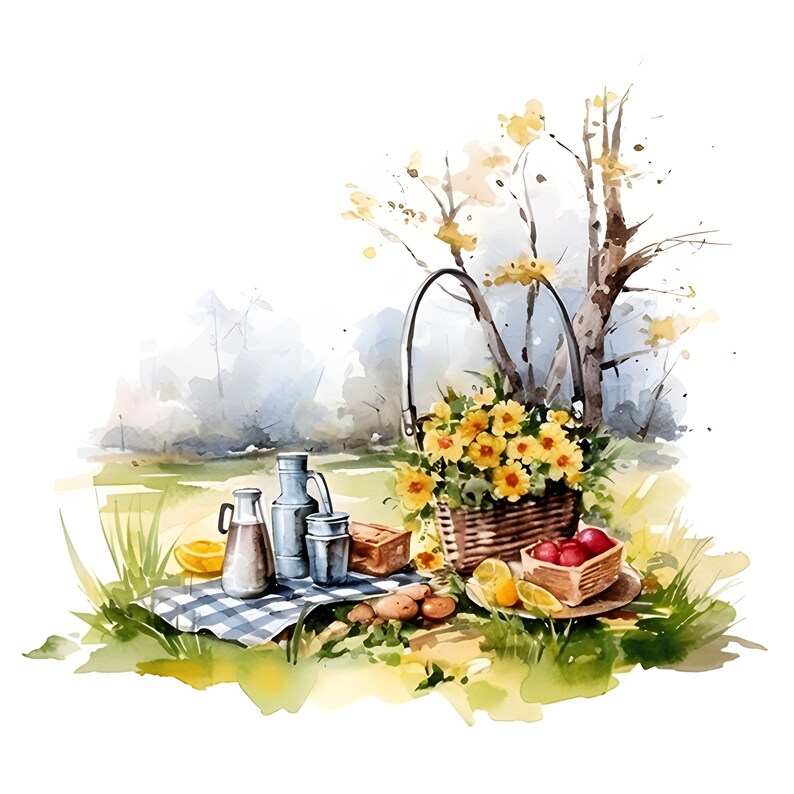 Watercolor Picnic Basket Clipart Romantic Beach Garden - Etsy