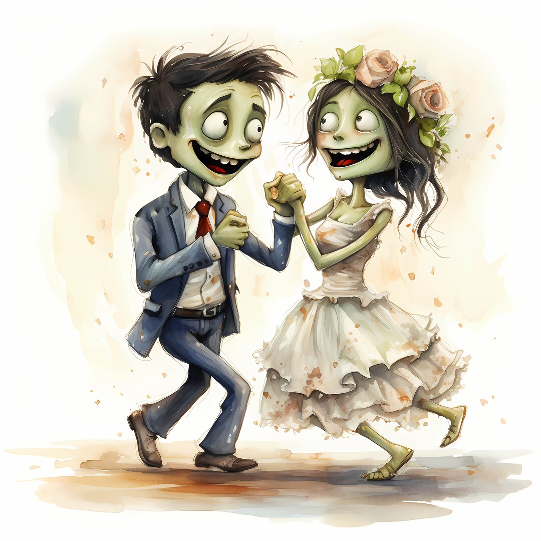Halloween Zombie Sketch Groom and Bride Watercolor Clipart, Halloween ...