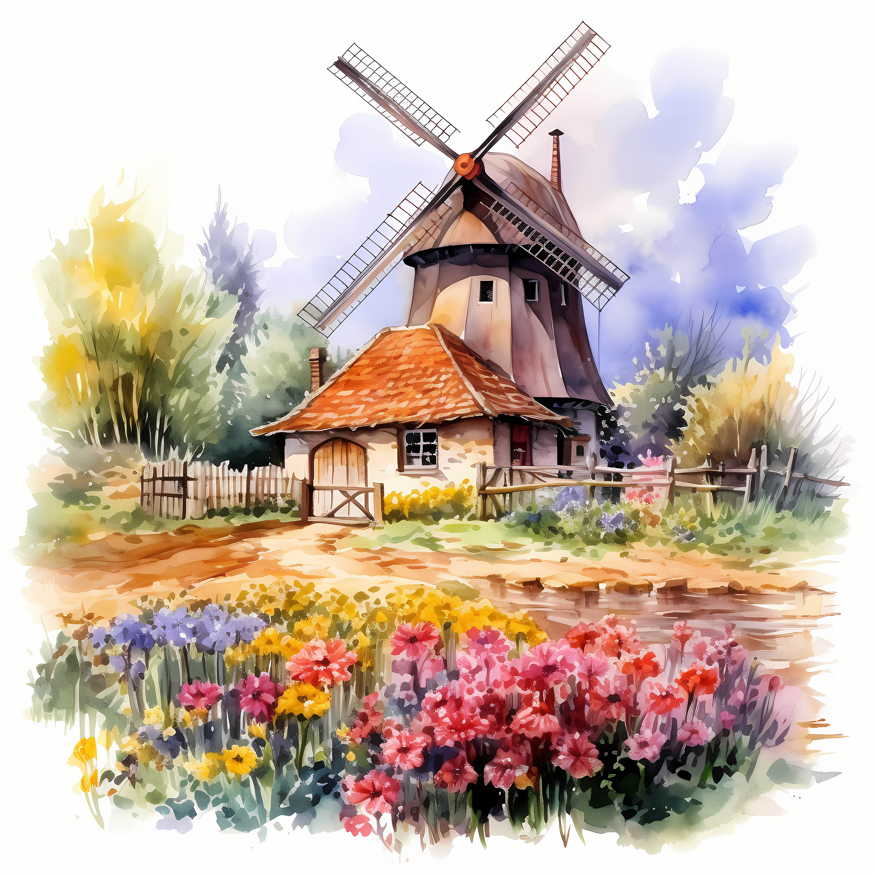 Farmhouse Cottage Watercolor Clipart Bundle, Beautiful Windmill on a ...