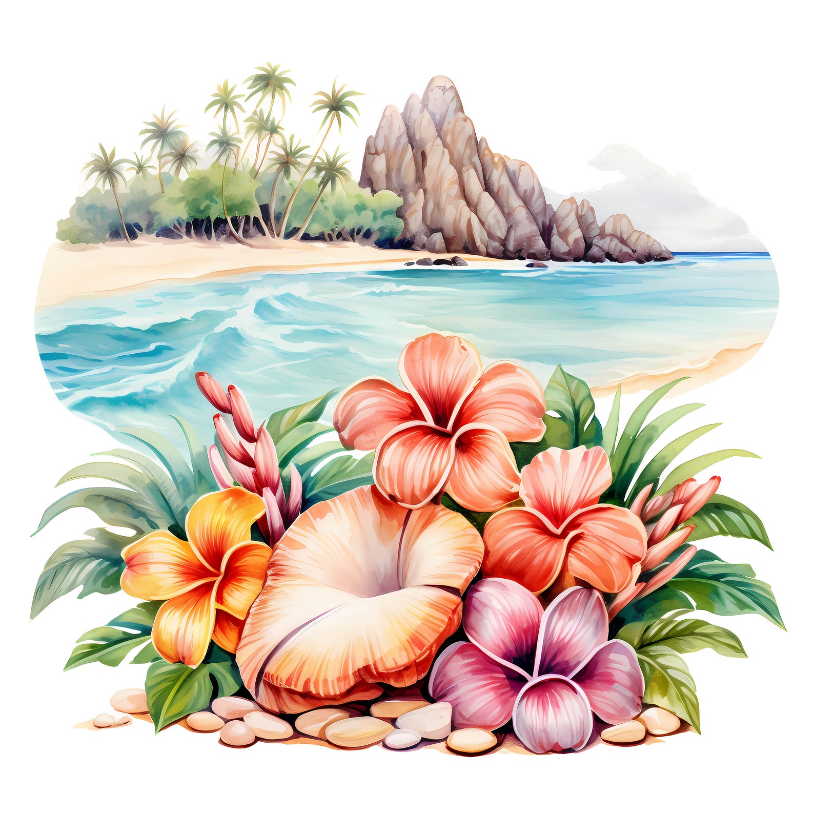 Hawaii Paradise Watercolor Drawing Clipart Bundle, Tropical Paradise ...