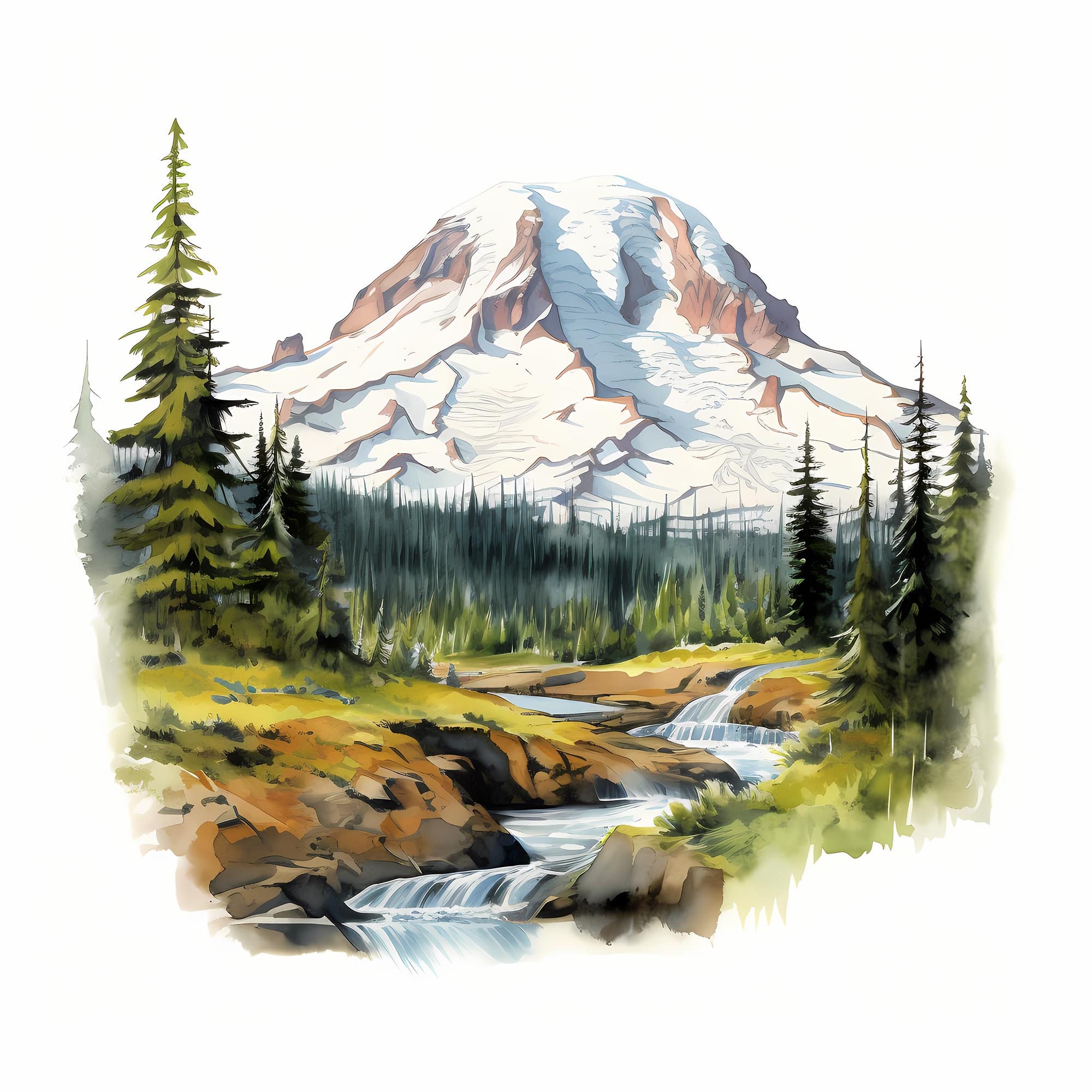 Mount Rainier National Park Watercolor Sketch Art, Mount Rainier ...