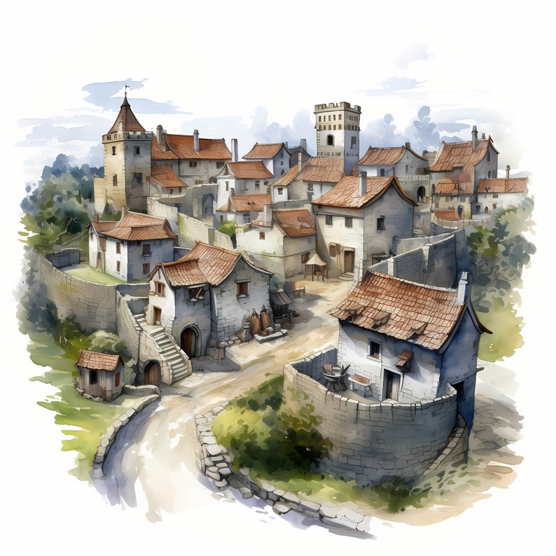 Beautiful Medieval Village Landscape Watercolor Clipart Bundle, Smartno ...
