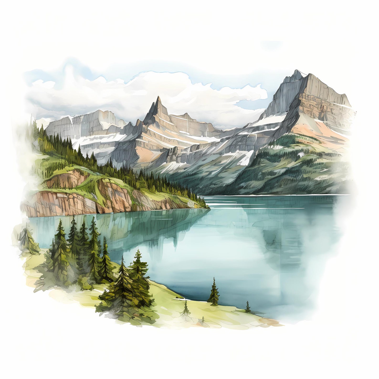 Glacier National Park Watercolor Sketch Art Bundle, Glacier National ...