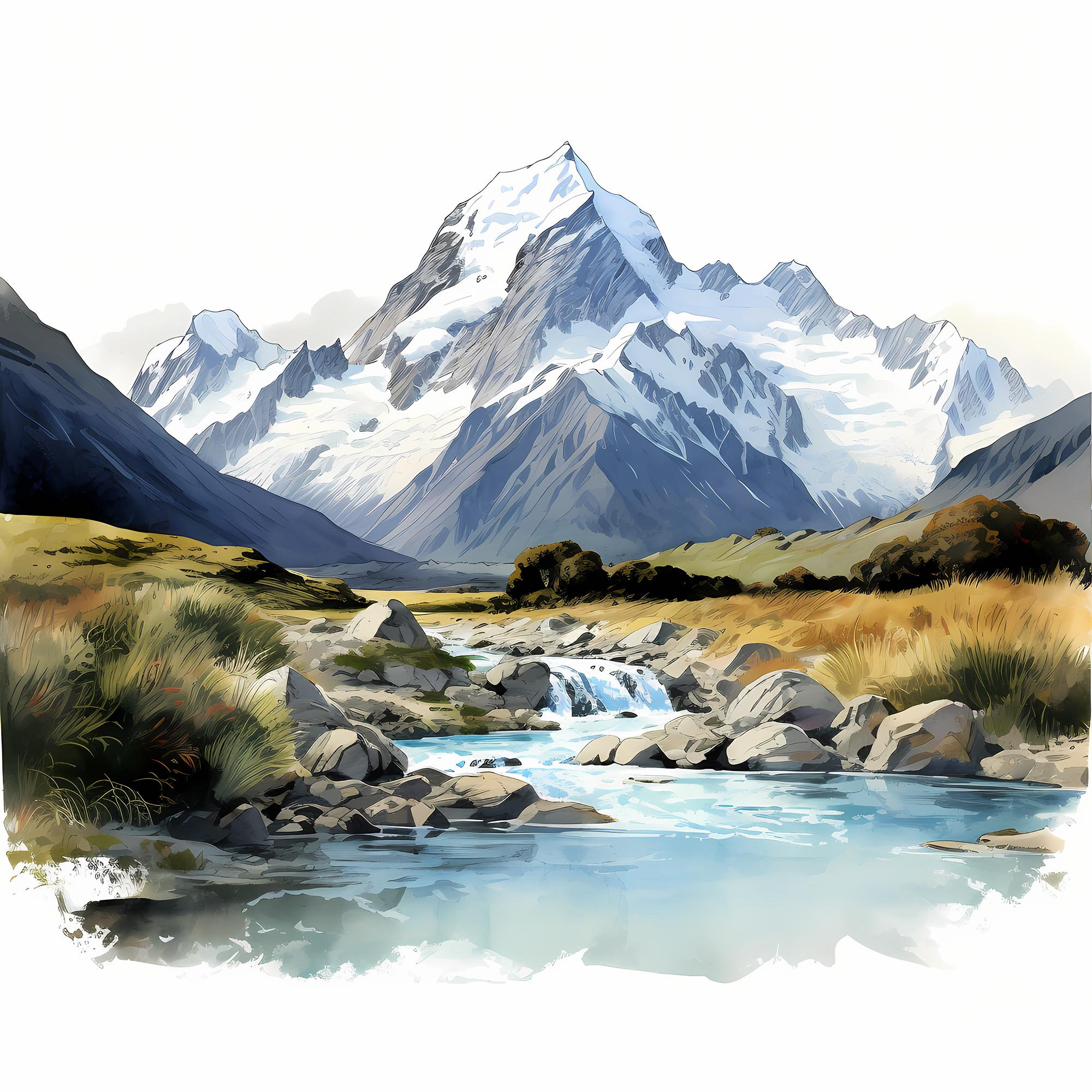 Mount Cook National Park Watercolor Sketch Art Mount Cook - Etsy