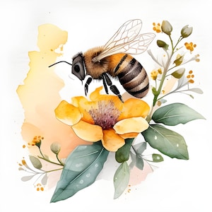 Watercolor Honey Bee Clipart, Spring Garden Bee Clipart, Wild Flowers ...