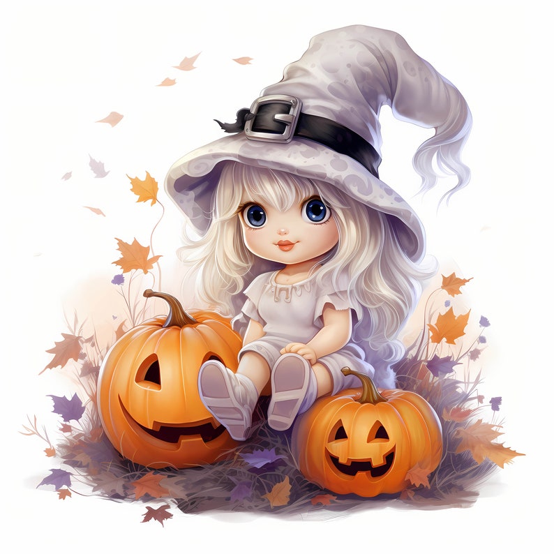 Halloween Cute Little Witch Portrait Watercolor Clipart Bundle ...