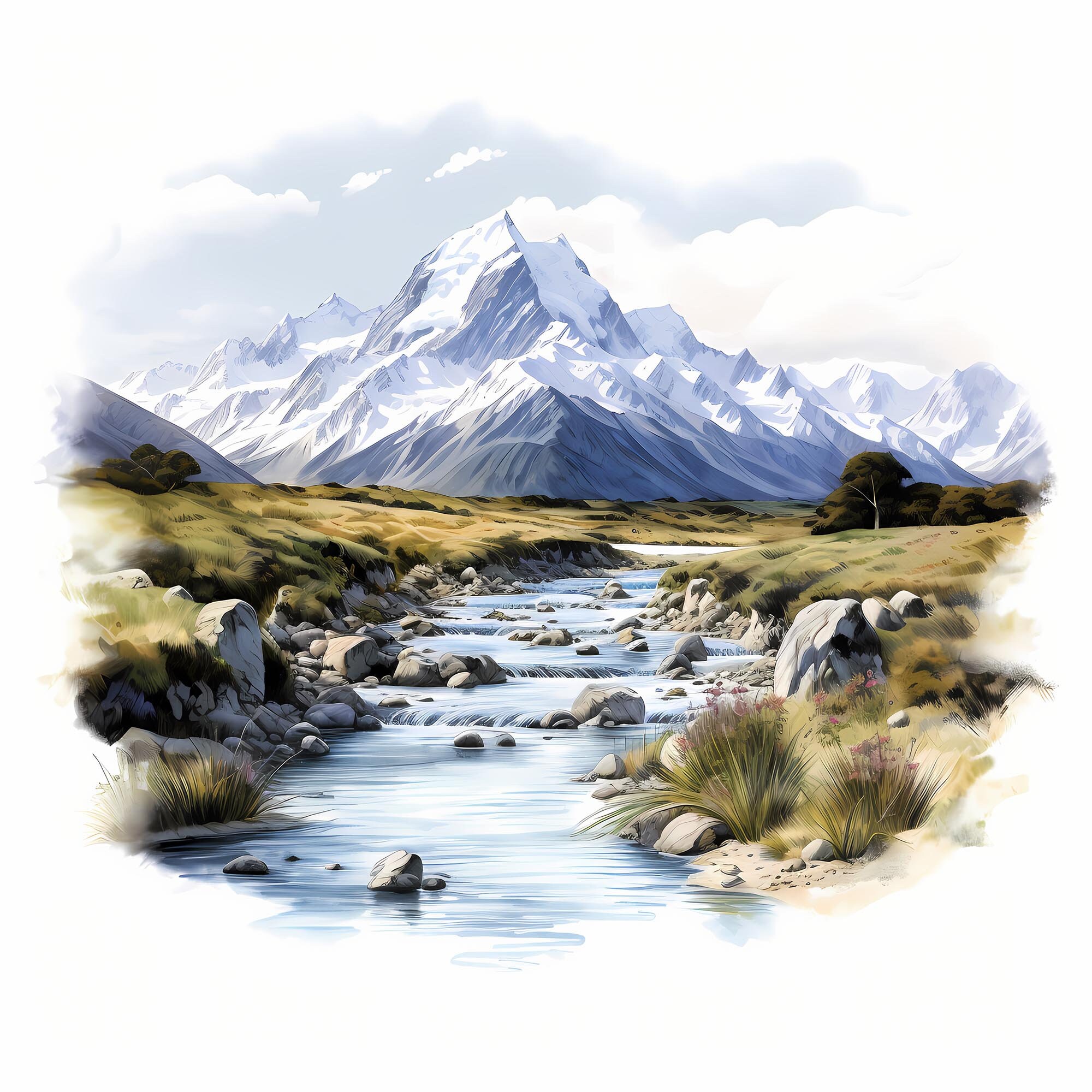 Mount Cook National Park Watercolor Sketch Art Mount Cook - Etsy