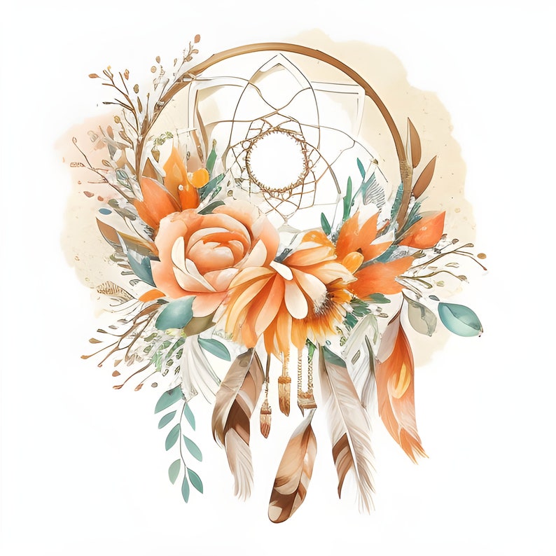 Peach Watercolor Dreamcatchers Clipart Tribal Feathers Boho - Etsy