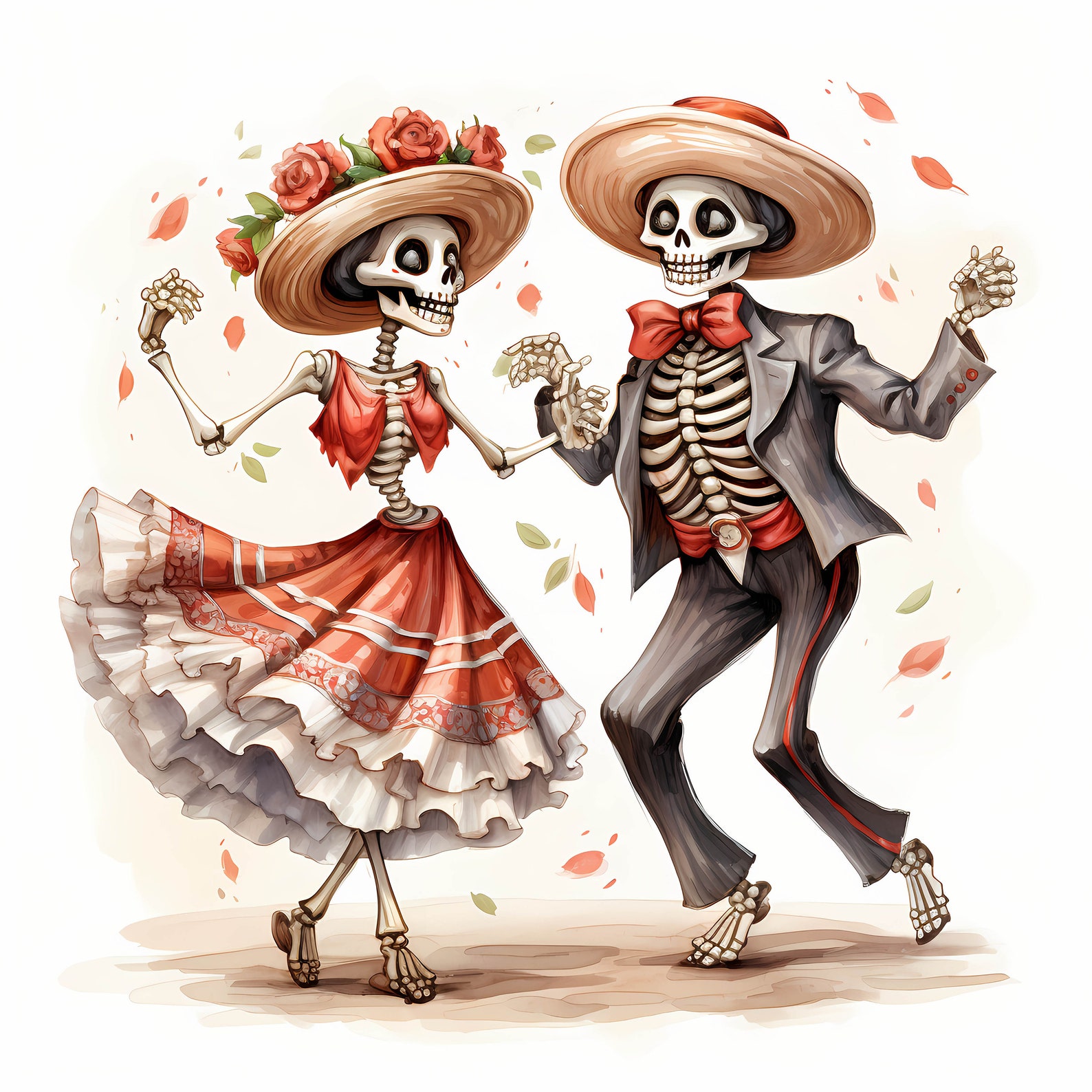 Halloween Spooky Romantic Skeleton Couple Dancing Salsa Watercolor ...