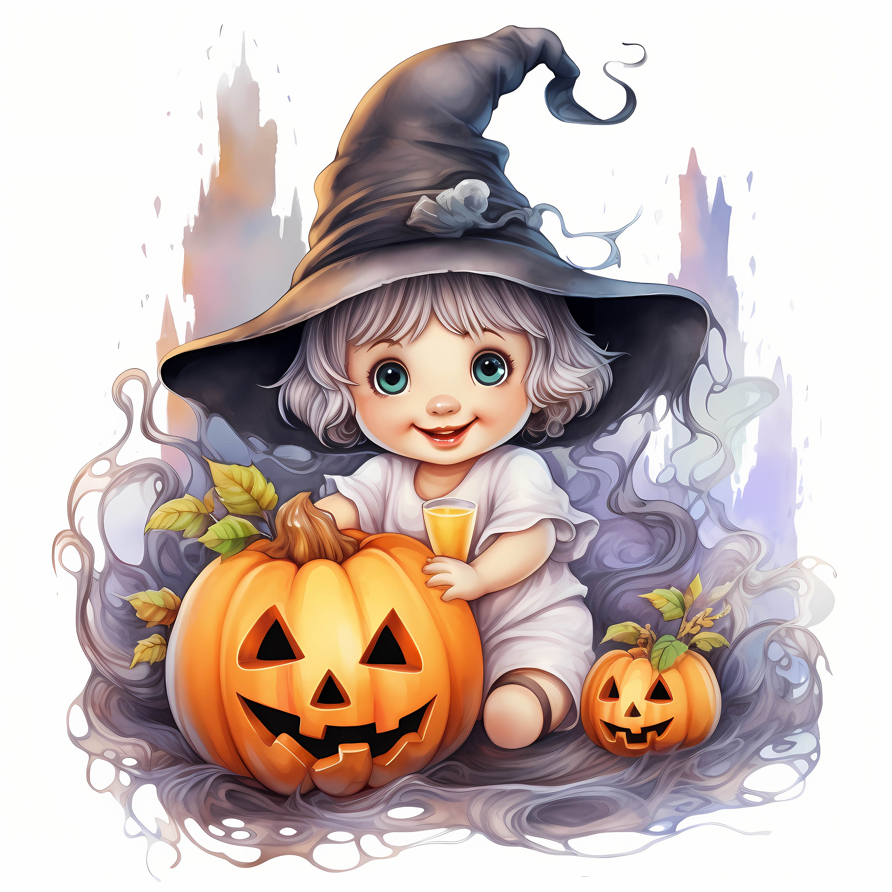 Halloween Cute Little Witch Portrait Watercolor Clipart Bundle ...