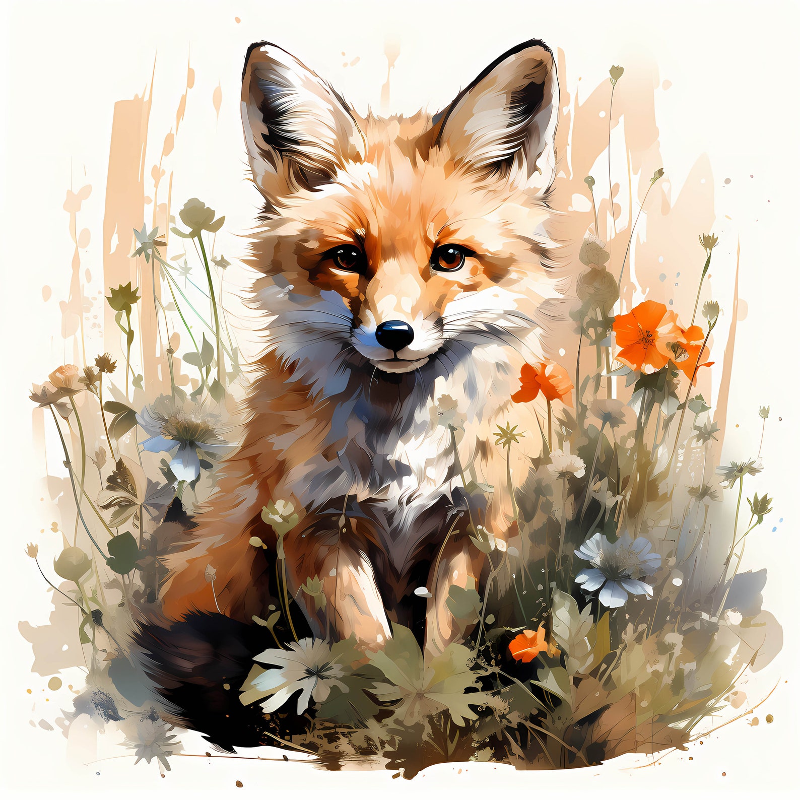 Cute Baby Fox Watercolor Clipart Bundle, Fox in Meadow Clipart ...